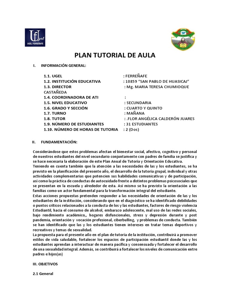 Plan Tutorial De Aula | Pdf | La Sexualidad Humana | Salón De Clases
