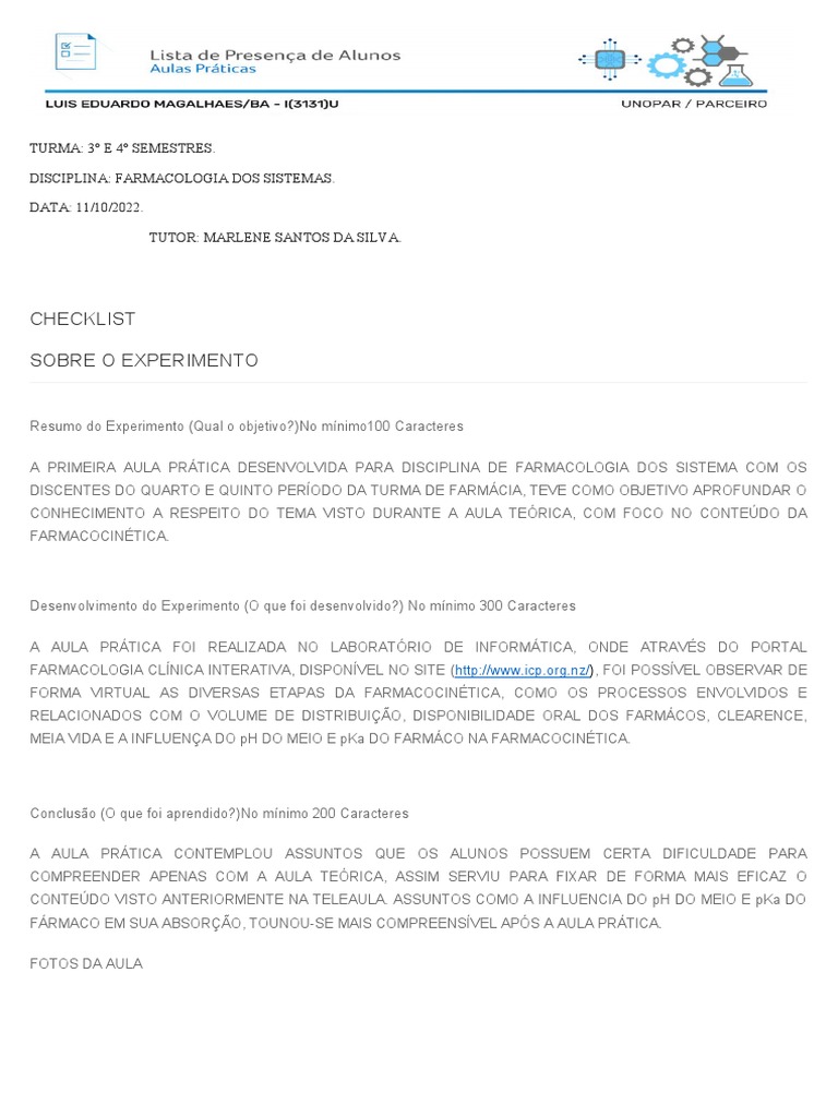 Relatório Ap1 - 3 e 4 Farmacologia Dos Sistemas | PDF