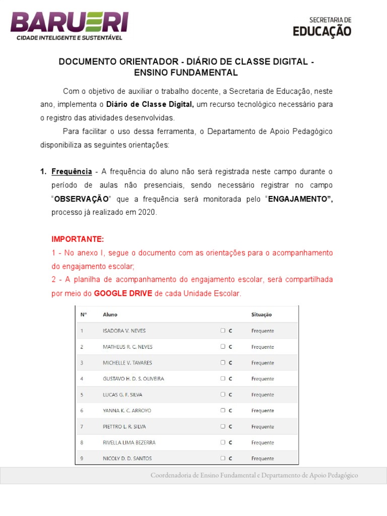 Documento Orientador Diario de Classe 2021 Ensino Fundamental | PDF ...