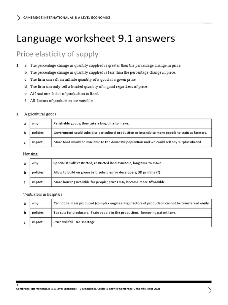 ASAL Economics Lang Worksheet 9.1 Answers | PDF