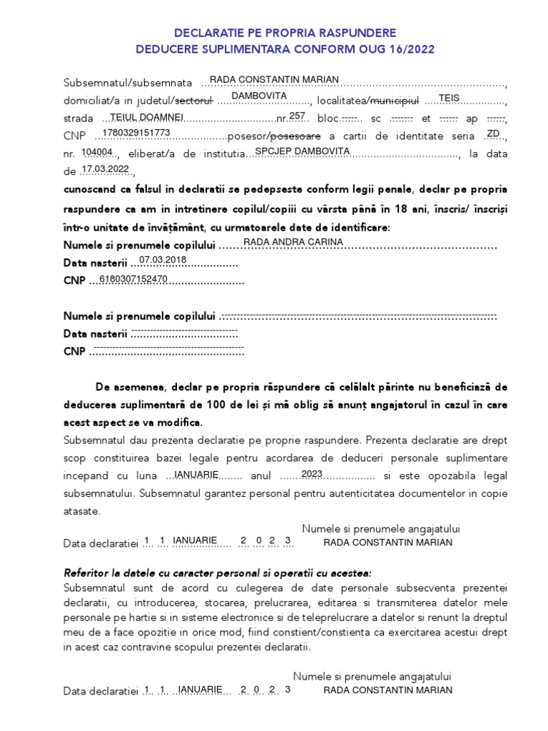 Declaratie Deducere Suplimentara Impozit 2023 | PDF