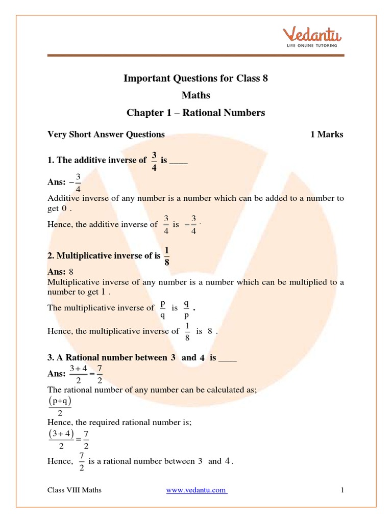 Important Questions for Class 8 Maths Chapter 1 | PDF | Numbers | Integer