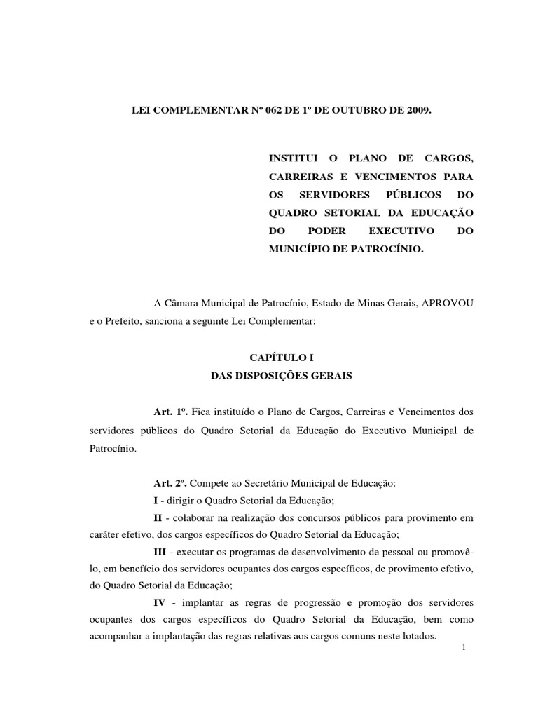 Lei Complementar #062 de 1º de Outubro de 2009. | PDF