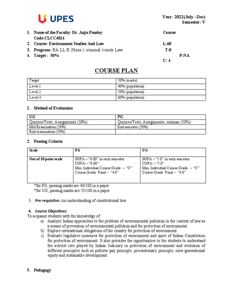 Env Law and Studies Course Plan | PDF