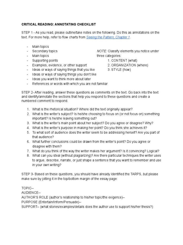 Critical Reading Annotation Checklist | PDF
