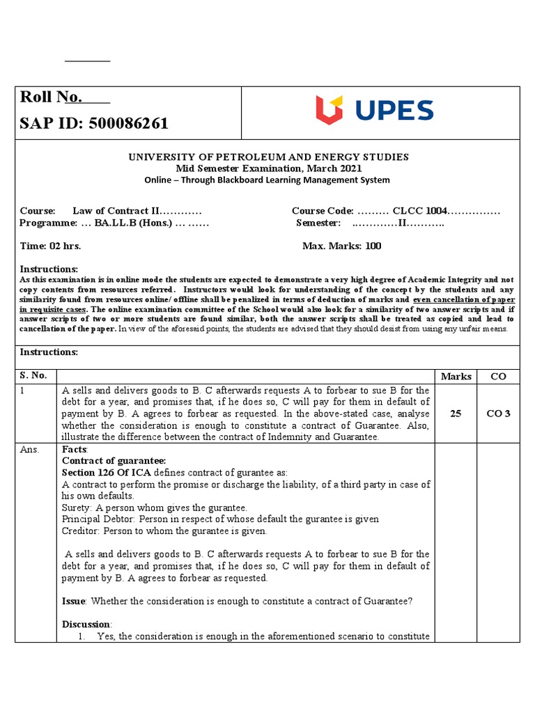 Law of Contract II Mid Sem QP | PDF | Guarantee | Indemnity