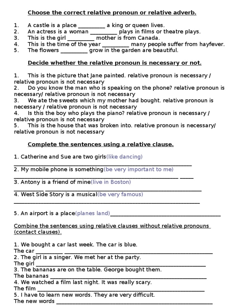 Relative Pronouns and Adverbs Exercises | PDF | Onomastics | Linguistic ...