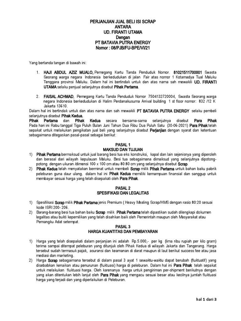 PERJANJIAN JUAL BELI - Scrap | PDF