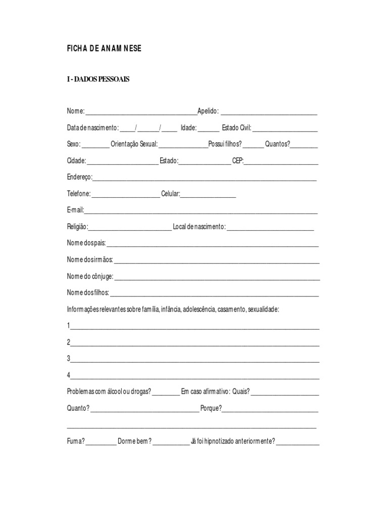 03 - Ficha+de+Anamnese+Básica | PDF | Hipnoterapia | Hipnose