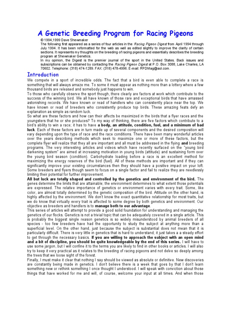 A Genetic Breeding Program For Racing Pigeons Pdf Inbreeding Genotype