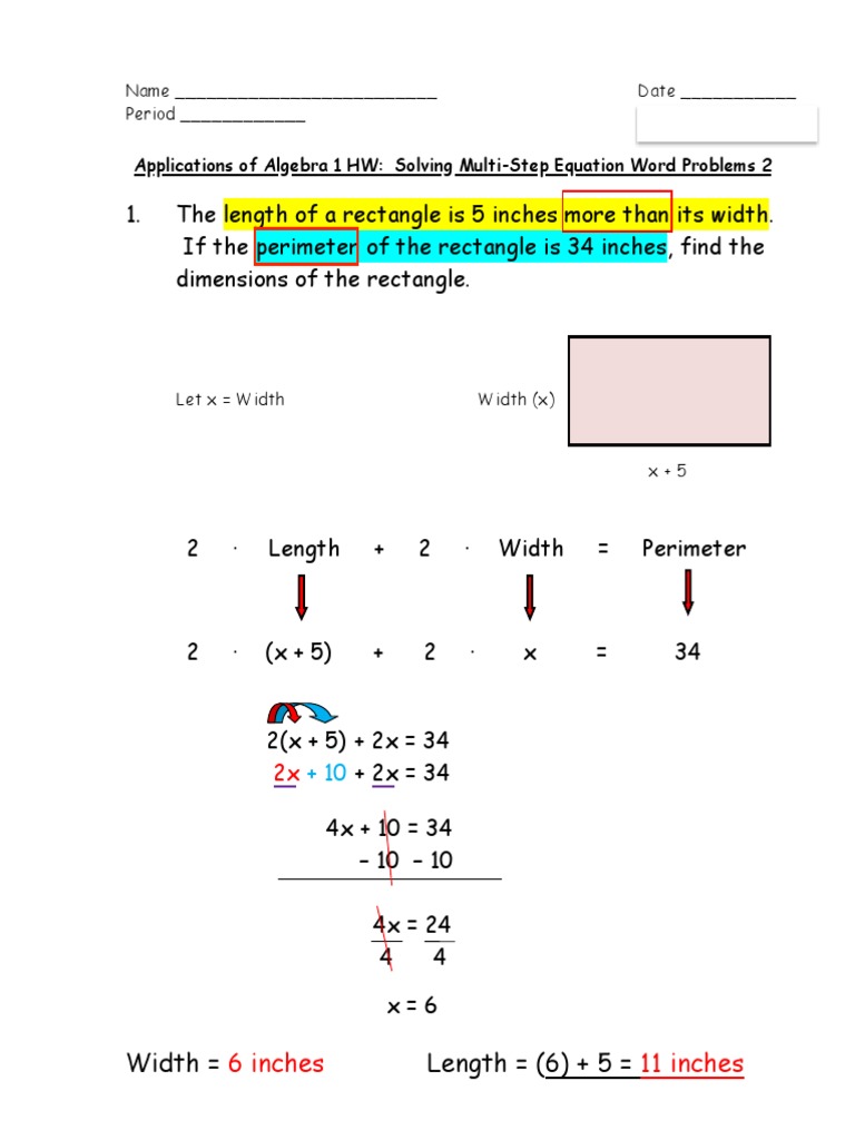 21 - Multi-Step Equation Word Problems HW 2-1 | PDF | Length | Algebra