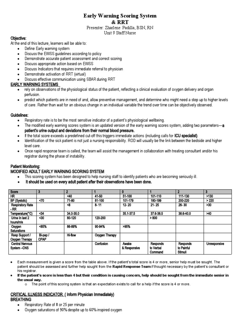Early Warning Scoring and RRT | PDF | Blood Pressure | Intensive Care Unit