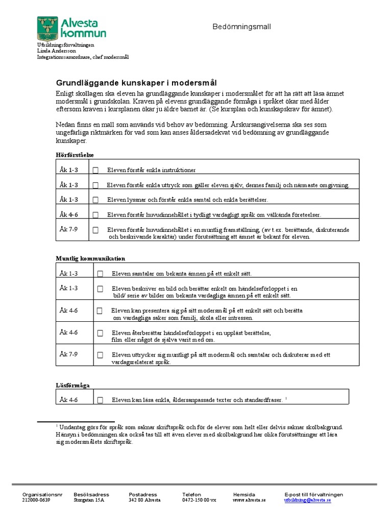 Bedömningsmall Grundläggande Kunskaper I Modersmål | PDF