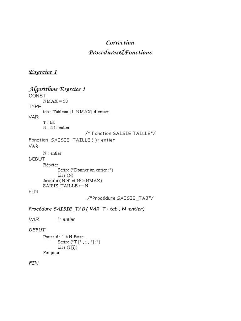 Correction Procedures&Fonctions Exercice 1 | PDF | Programmation informatique | Informatique