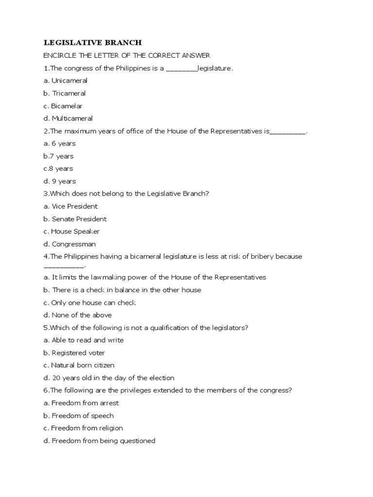 Philippine Legislative Branch Quiz | PDF