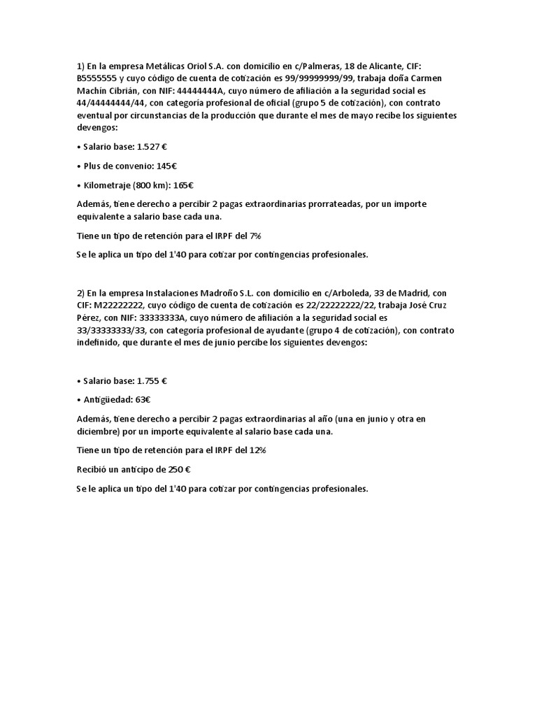 Ejercicios de Nóminas 2 FOL | PDF