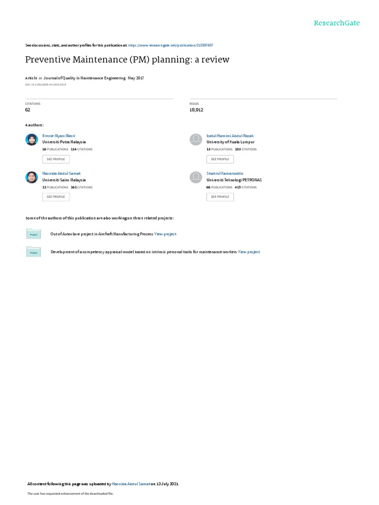 1 Preventive Maintenance (PM) Planning A Review | PDF | Reliability Engineering
