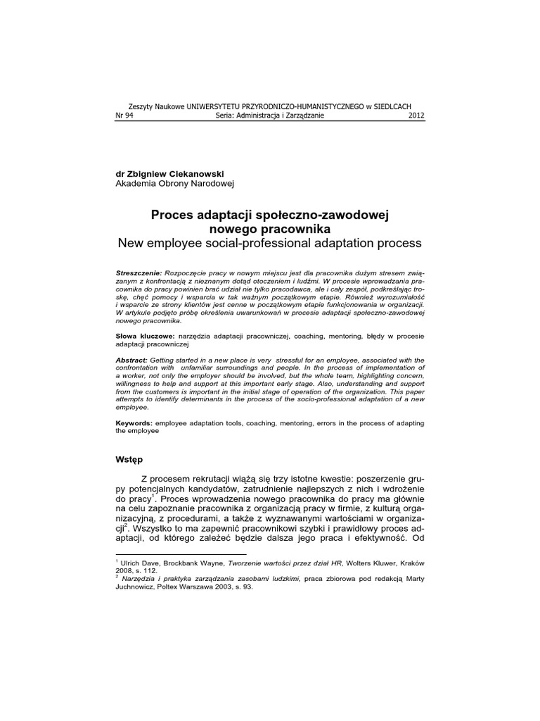 Proces Adaptacji Spo Eczno-Zawodowej Nowego Pracownika: New Employee ...
