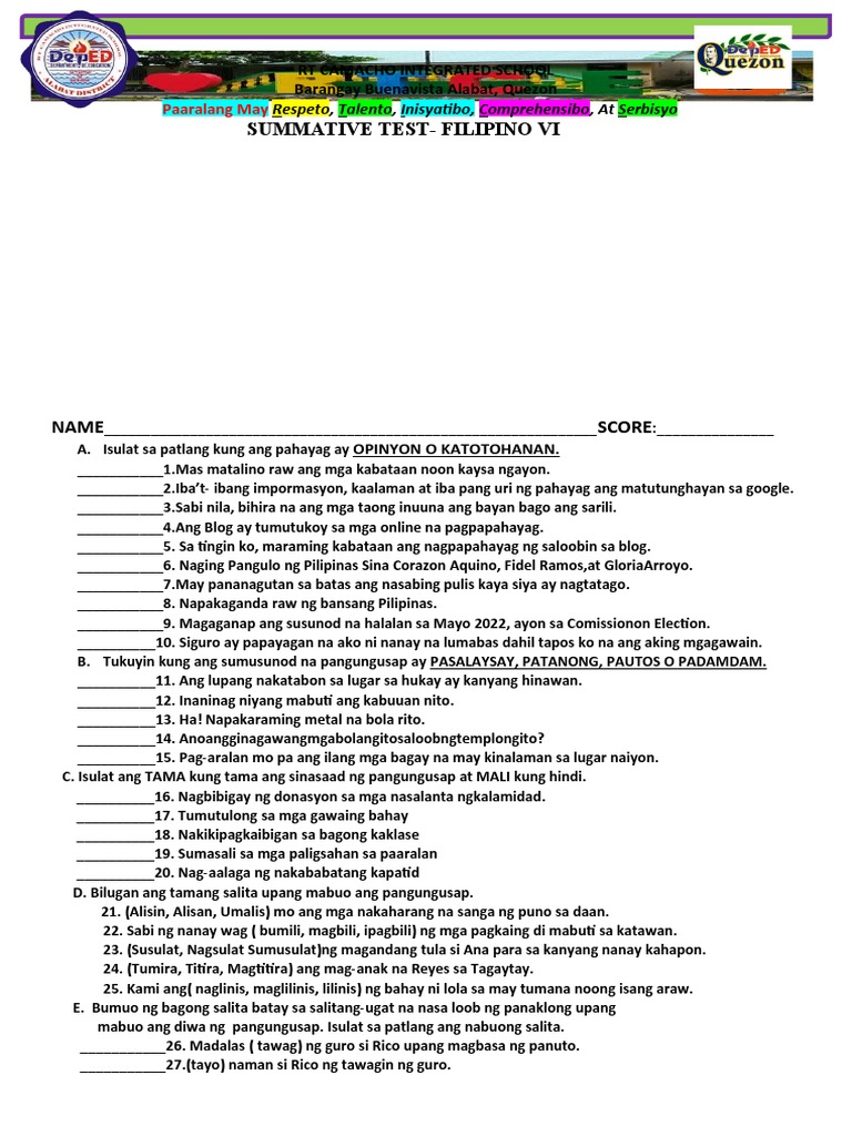 3q Summative Test Filipino | PDF