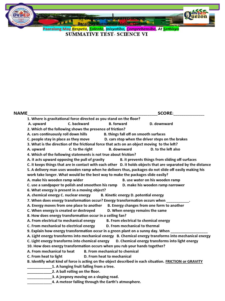 3q Summative Test Science | PDF | Friction | Quantity