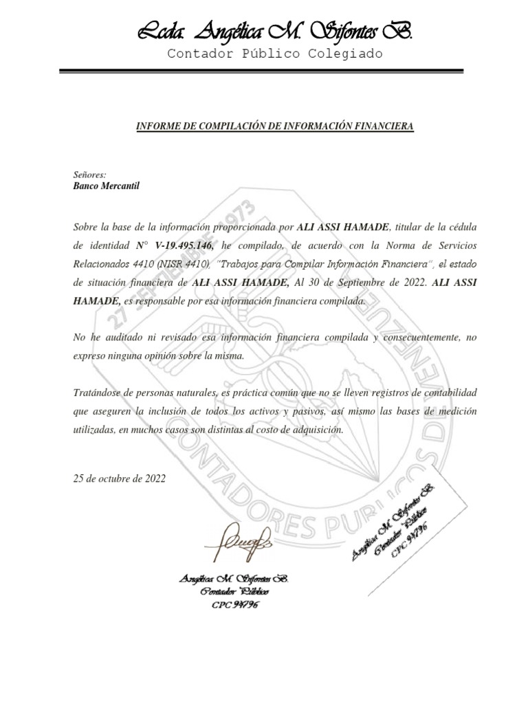 Modelo Informe de Compilación de Información Financiera NISR 4410 NIF ALI ASSI HAMADE Al 30-09 ...