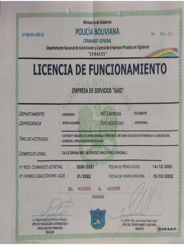 Licencia de de Funcionamiento Policia Boliviana | PDF