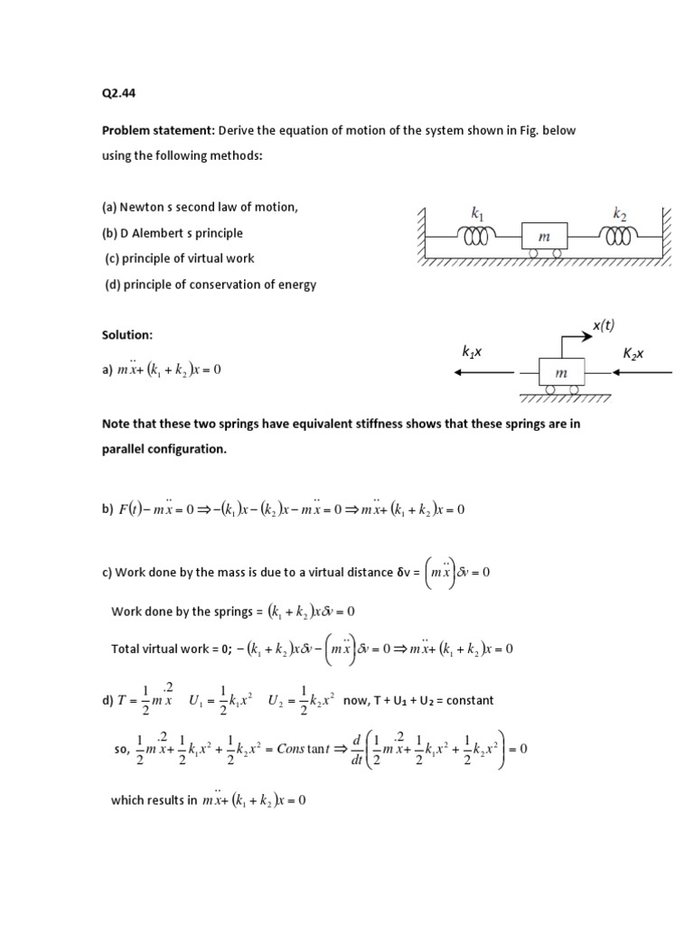 Q2.44 Problem Statement: Derive The Equation of Motion of The System Shown in Fig. Below | PDF ...