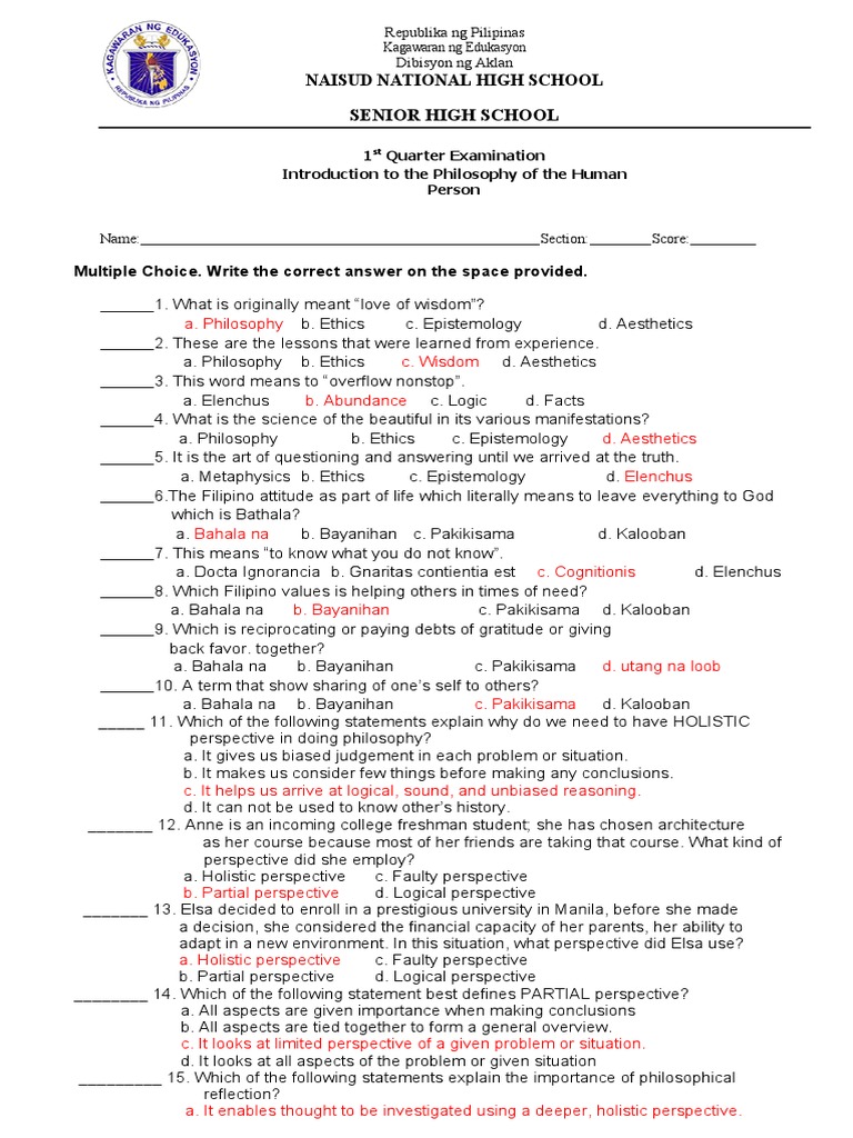 1st Quarter Exam On Introduction To The Philosophy of The Human Person ...