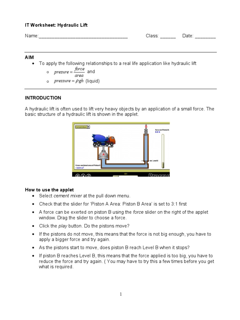 2011 IT Worksheet-Hydraulic | PDF | Lift (Force) | Pressure