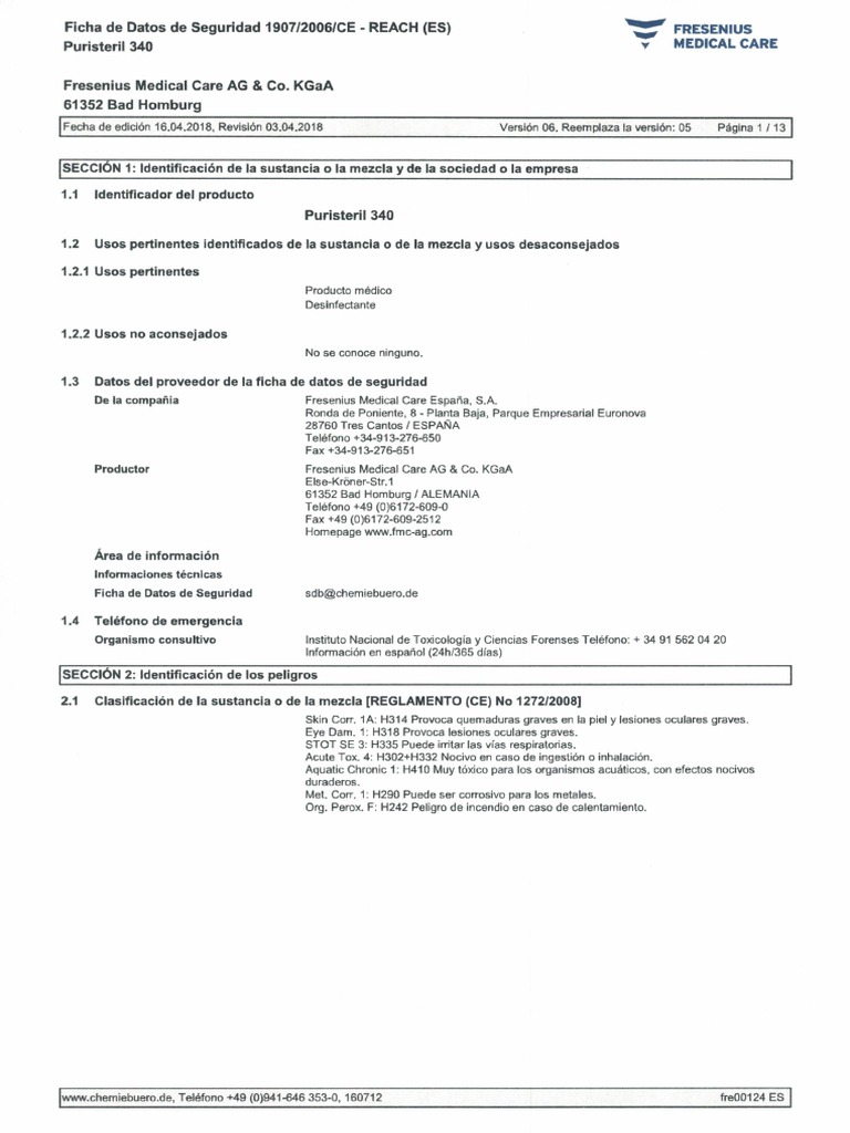 MSDS - PURISTERIL (Ac. Concentrado para Hemodialisis) | PDF
