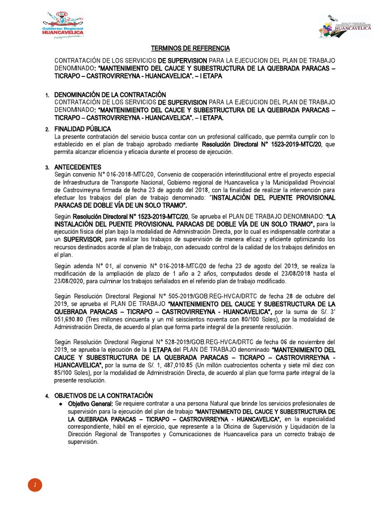 0a. - TDR Supervision Paracasok | PDF | Presupuesto | Economias