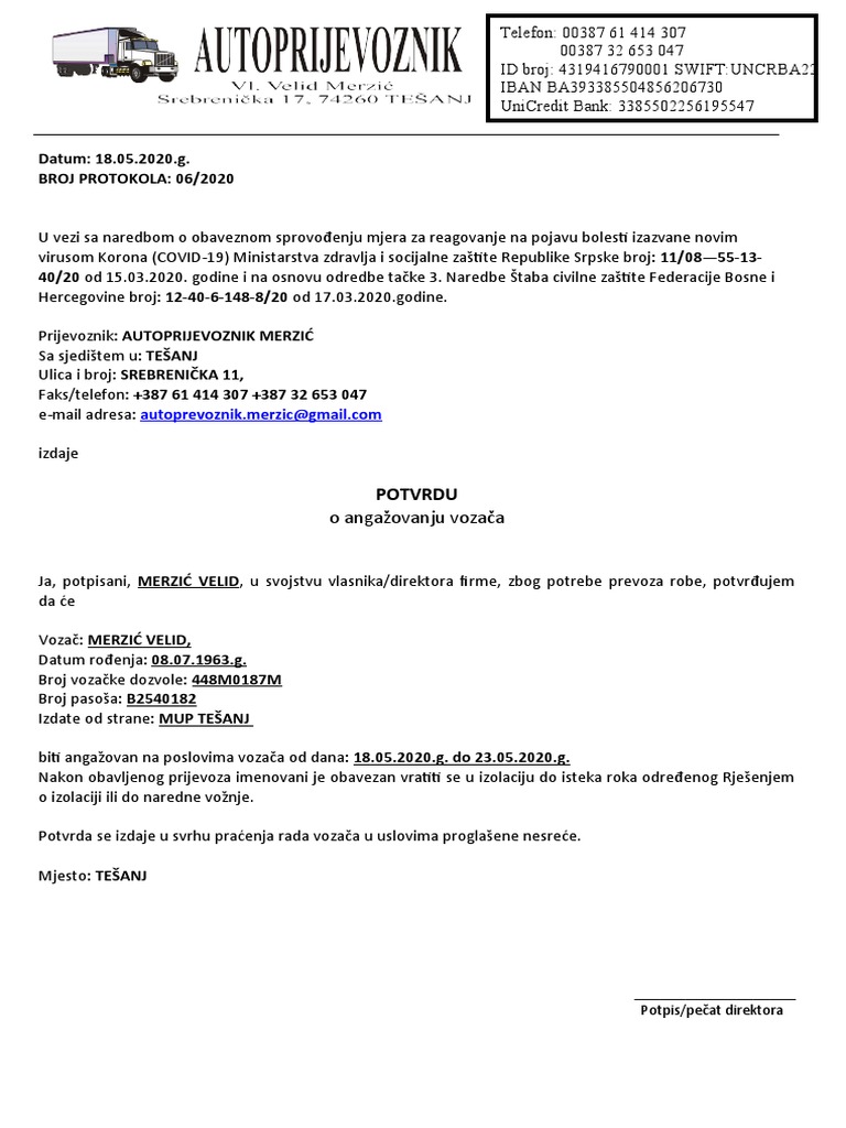 Potvrda o Angažovanju | PDF