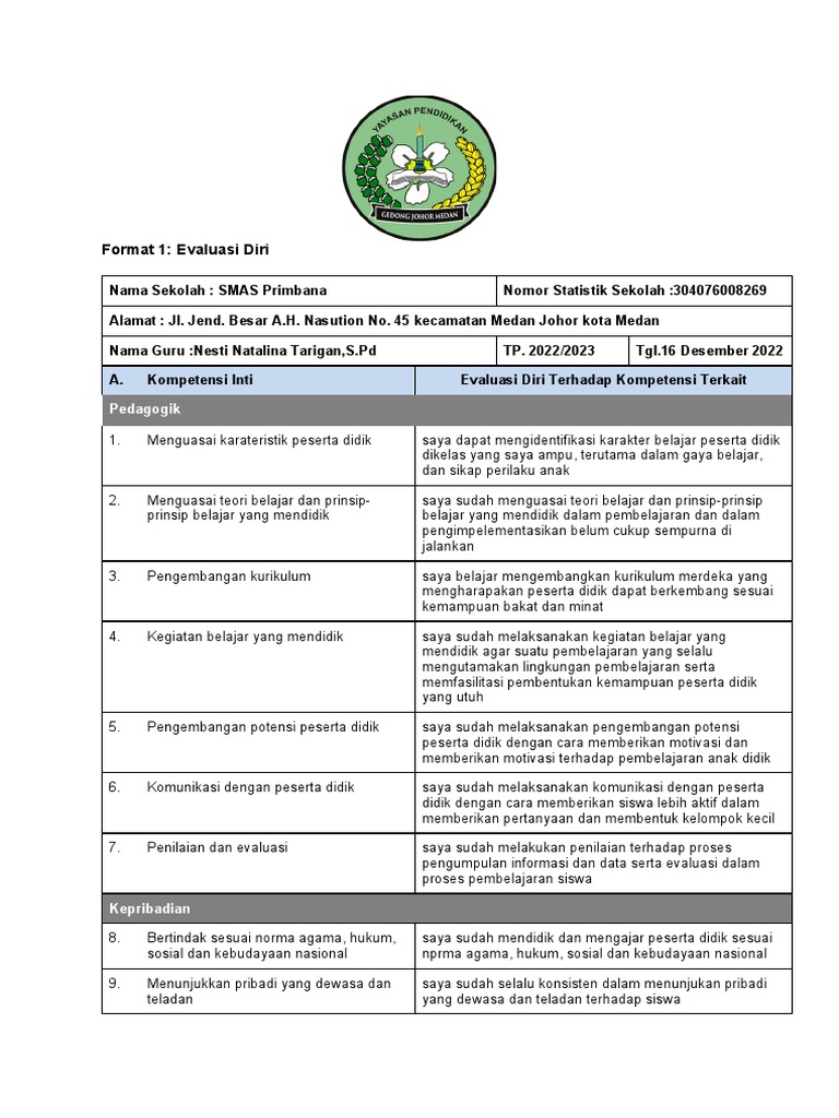 Nesti Tarigan 1 - Evaluasi Diri Tenaga Pendidik SMAS Primbana Tahun 2022 | PDF