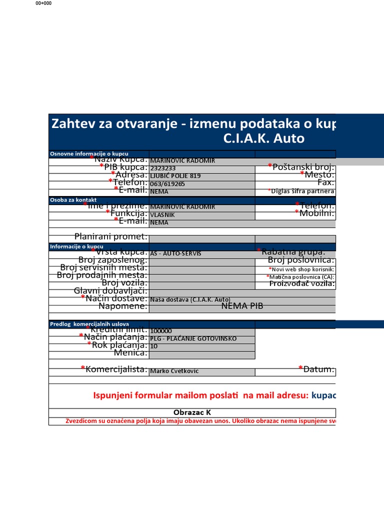 Zahtev Za Otvaranje I Izmenu Podataka o Kupcu LESKOVAC | PDF