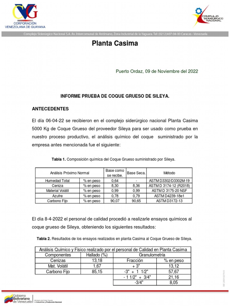 Informe de Prueba de Coque Sileya en Planta Casima | PDF | Acero ...