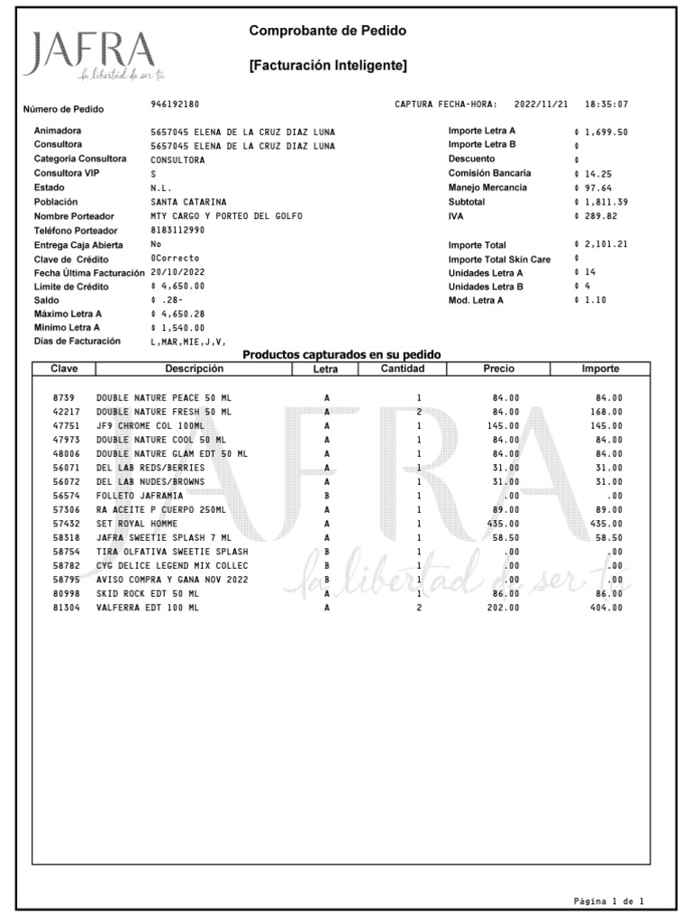 Jafra Pedido y Factura Detallada | PDF