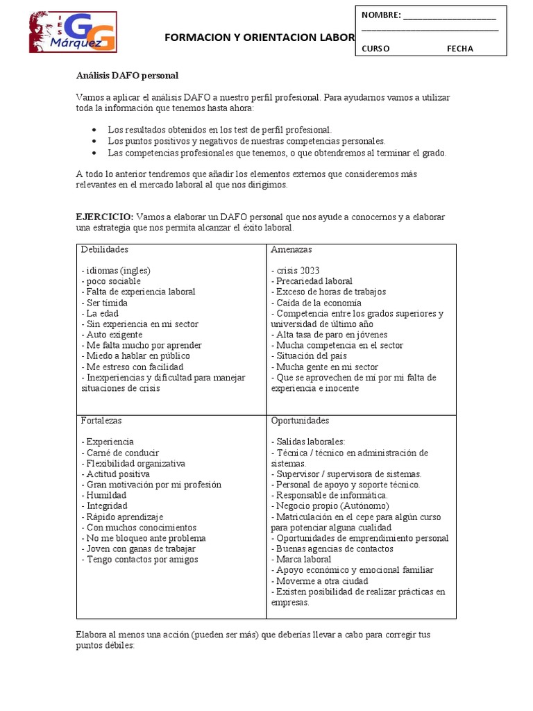 Analisis DAFO Personal | PDF | Análisis FODA | Business
