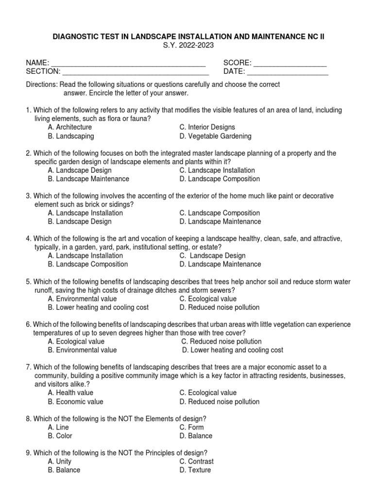 Lim Diagnostic Test Grade12 | PDF | Landscape | Pruning
