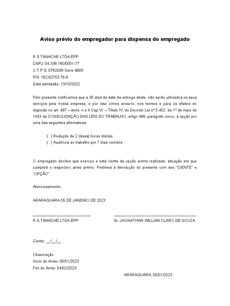 Modelo Aviso Previo Empregador | PDF