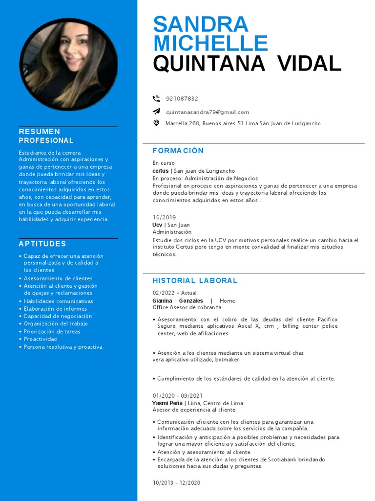 Sandra Michelle - Quintana Vidal - CV | PDF | Cliente | Servicio al Cliente