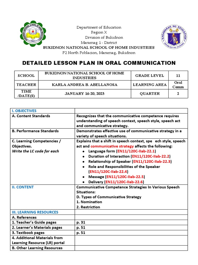 Oral Communication Lesson Plan | PDF | Learning | Teaching Method