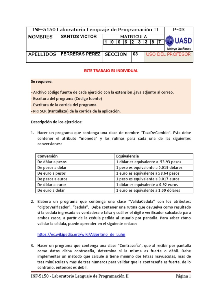 INF-5150 Laboratorio Lenguaje de Programación II P-03 Nombres Santos Victor 1 0 0 6 2 3 3 8 7 ...