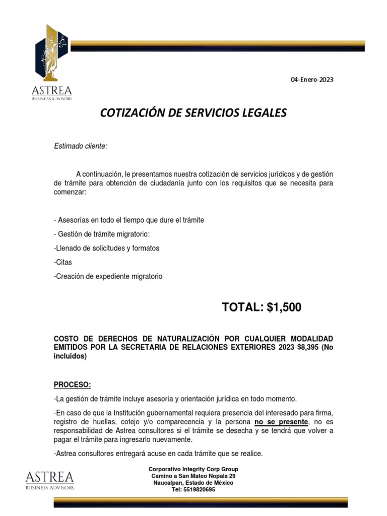 Cotización de servicios legales Ciudadanía | PDF | Justicia | Crimen y ...