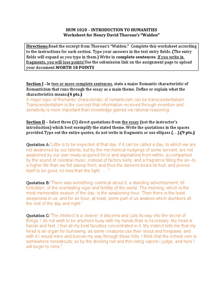 Thoreau Worksheet Entry Fields | PDF | Walden | Henry David Thoreau