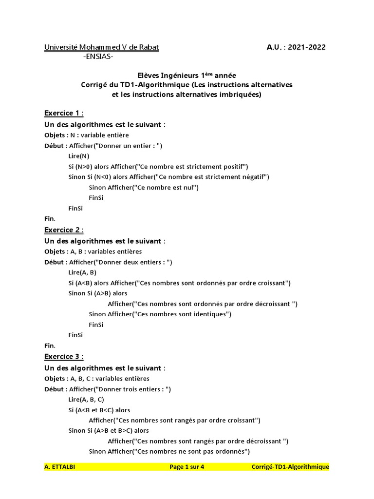 TD1 Algorithmique Corrigé | PDF | Mathématiques