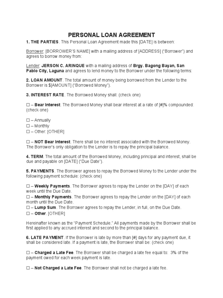 Personal Loan Agreement Pdf Interest Loans
