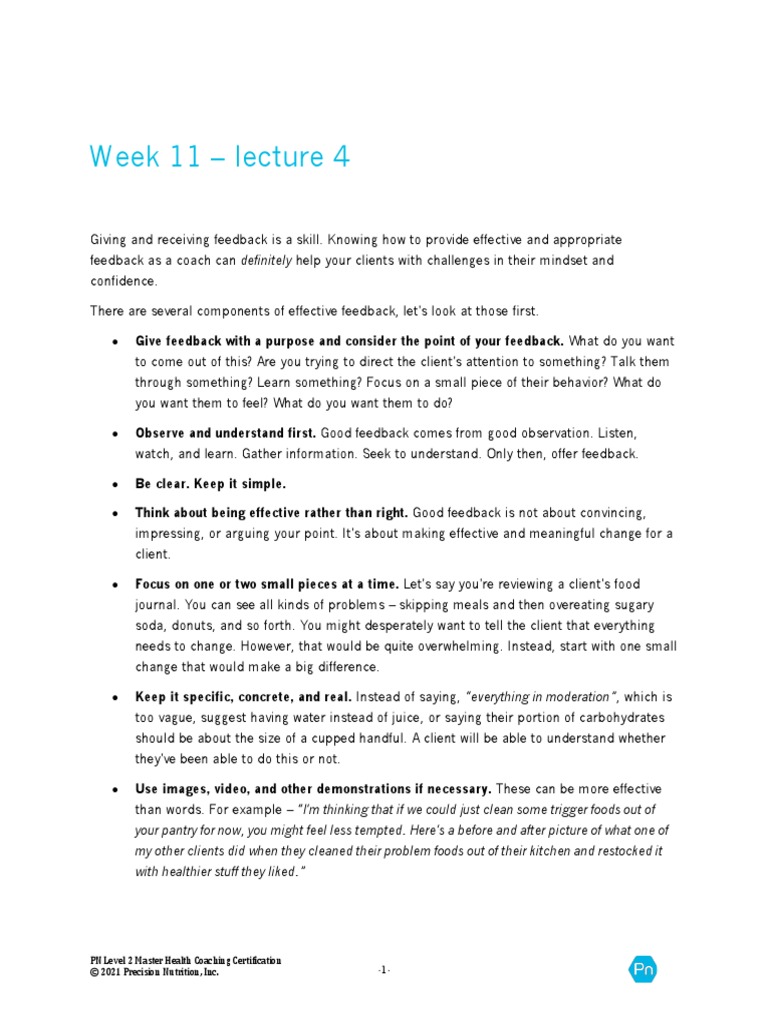 Week 11 - Lecture 4: PN Level 2 Master Health Coaching Certification © 2021 Precision Nutrition ...