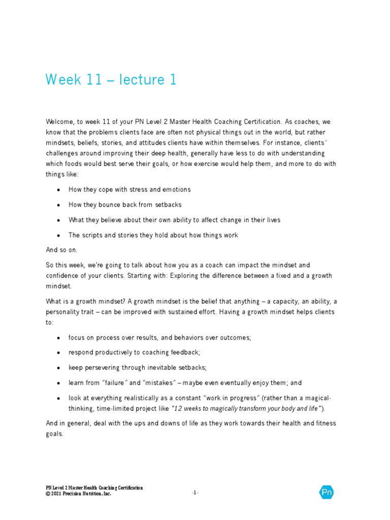 Week 11 - Lecture 1: PN Level 2 Master Health Coaching Certification © 2021 Precision Nutrition ...