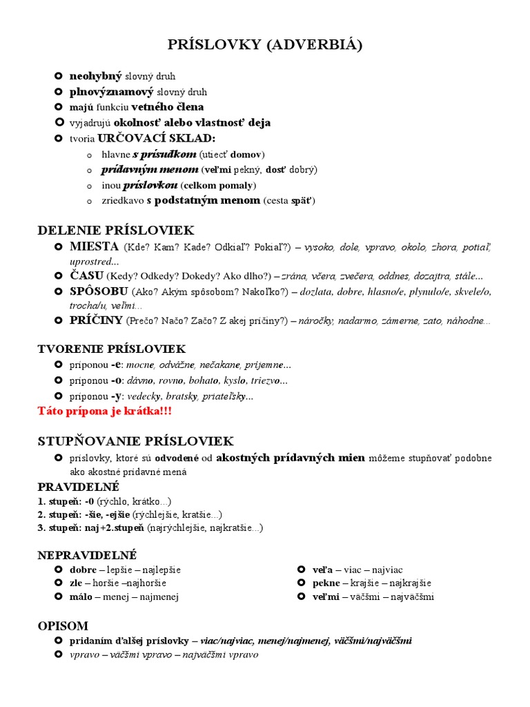 PRÍSLOVKY - Poznámky | PDF