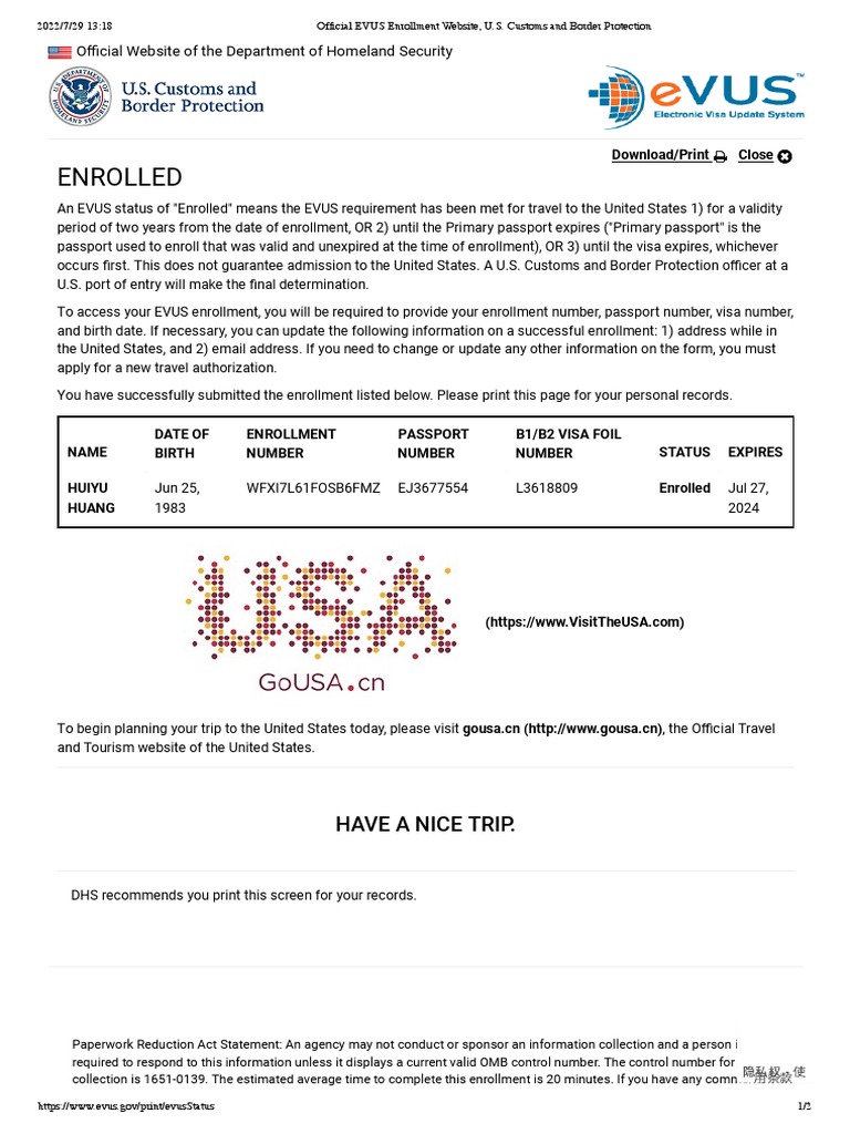 Official EVUS Enrollment Website, U.S. Customs and Border Protection ...